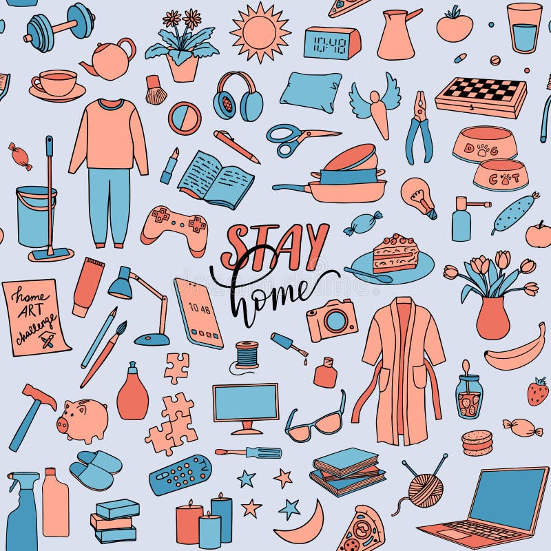 Hand Drawn Stay Home Vector Seamless Pattern with Home Objects Stock ...