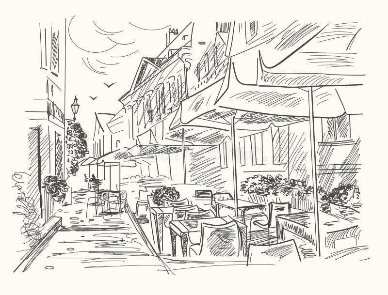 Hand Drawn Street Cafe in Old Town. Vintage Vector Illustration Stock ...