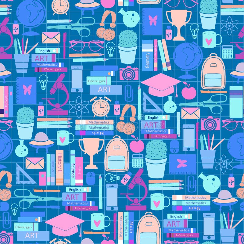 Hand Drawn Study Seamless Pattern with School Accessories. Stock ...