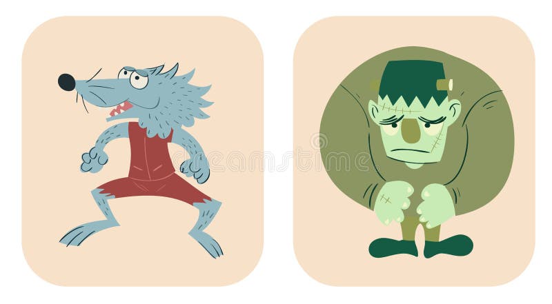 Hand Drawn Style Cartoon of Werewolf and Frankenstein Stock Vector ...