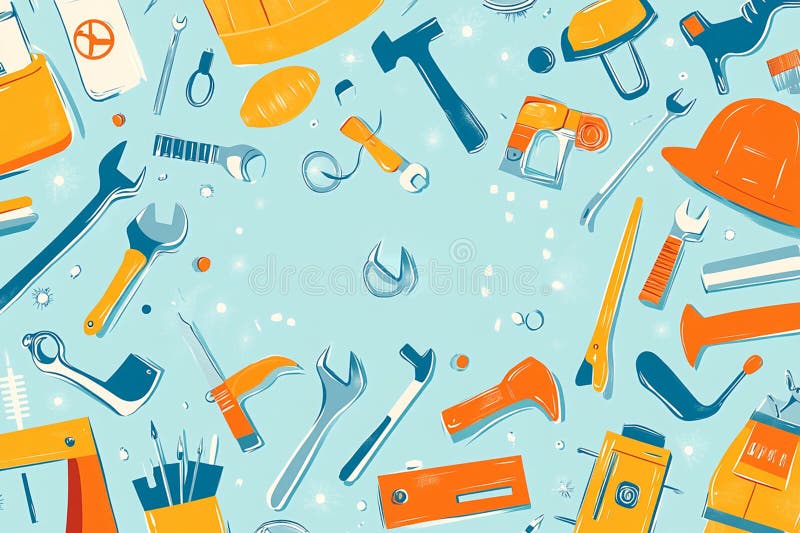 Hand Drawn Style Construction Tools Pattern Hammers, Wrenches, Hardhats ...