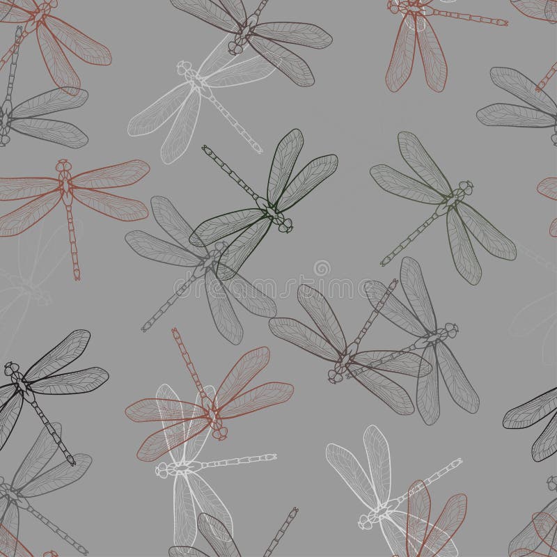 Hand Drawn Stylized Dragonflies Seamless Pattern Stock Illustration ...