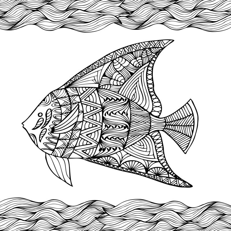 Hand Drawn Stylized Fish with Doodle, Zentangle, Floral, Vintage Stock ...
