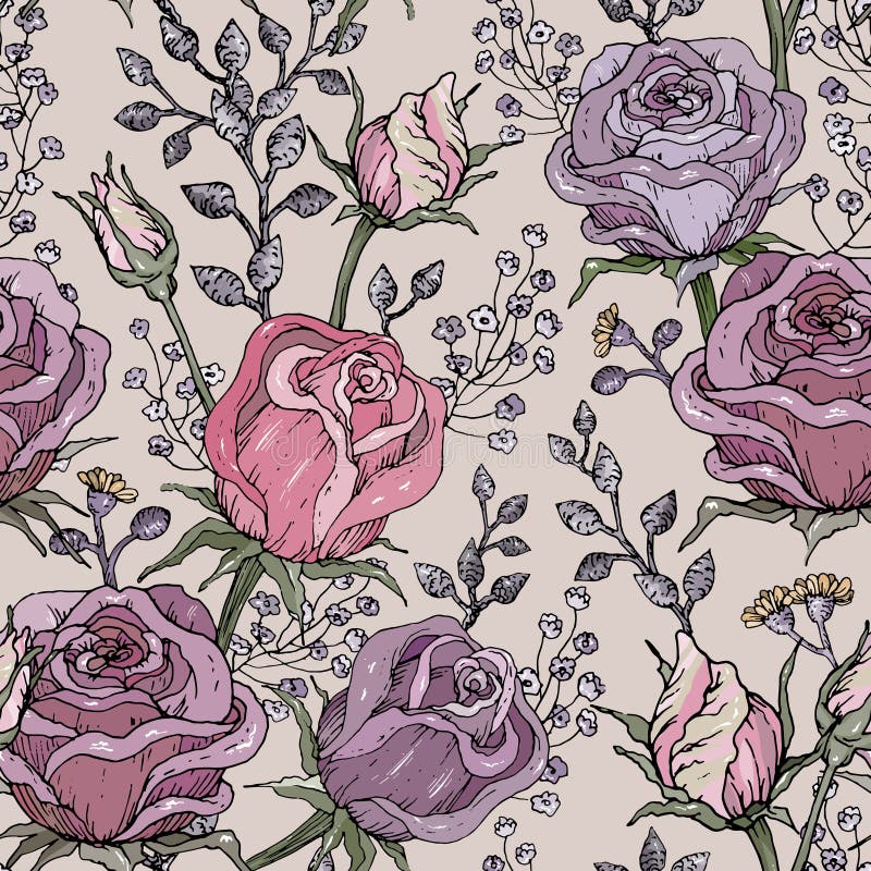 Hand Drawn Stylized Roses Seamless Pattern. Stock Vector - Illustration ...