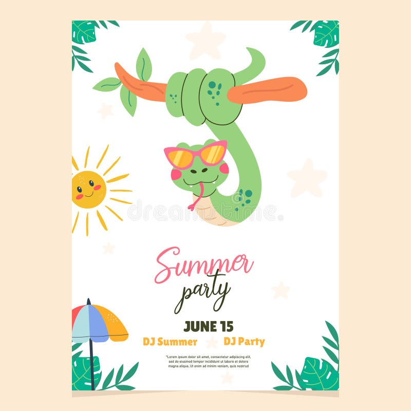 Hand Drawn Summer Party Poster with Snake Character Stock Vector ...
