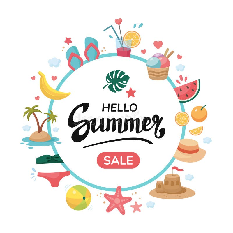 Hand Drawn Summer Round Frame, Copy Space. Vector Summer Discount ...