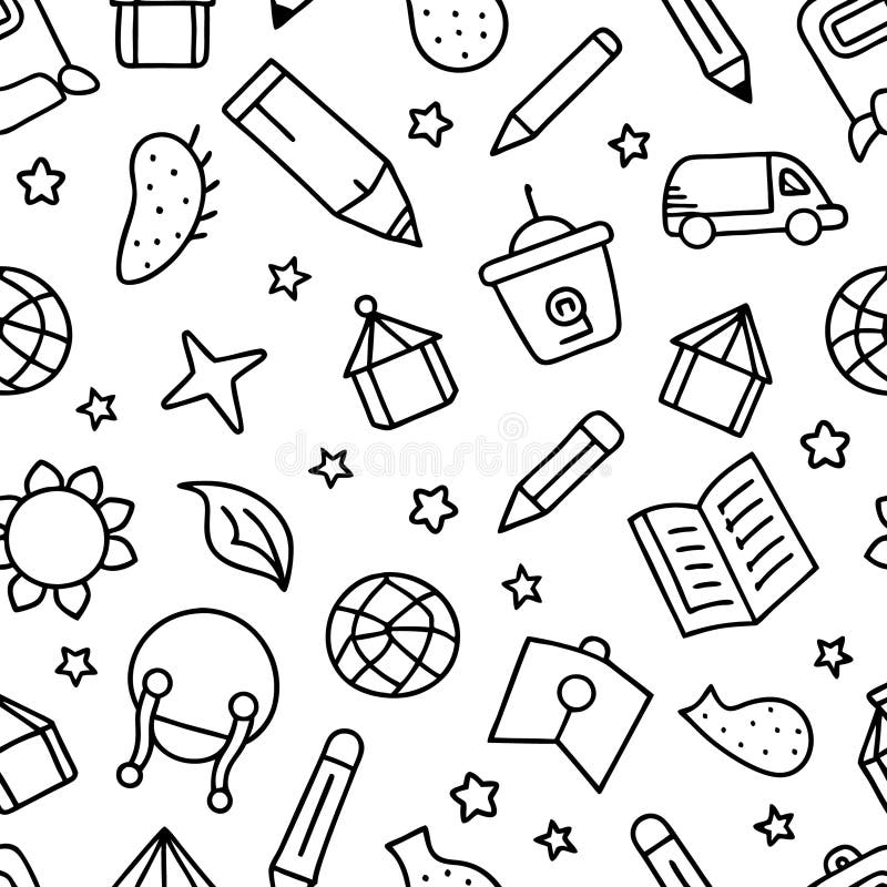 Hand-drawn Summer and School Black and White Seamless Pattern with a ...