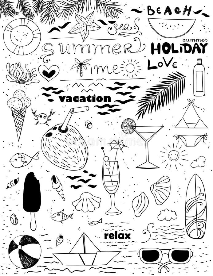Hand drawn summer set stock illustration. Illustration of lotion - 72093234