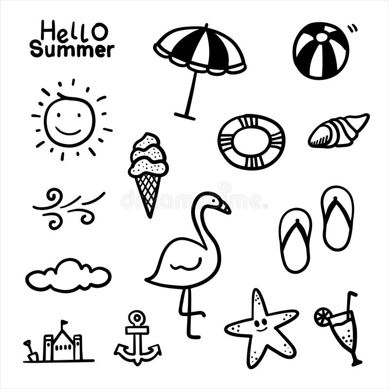 Hand Drawn Summer Theme. Thin Black Line Abstract Doodle Beach Vacation ...