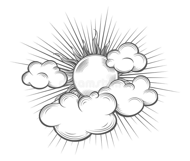 Hand Drawn Sun with Sun Beams and Cloud Engraving Illustration Stock ...
