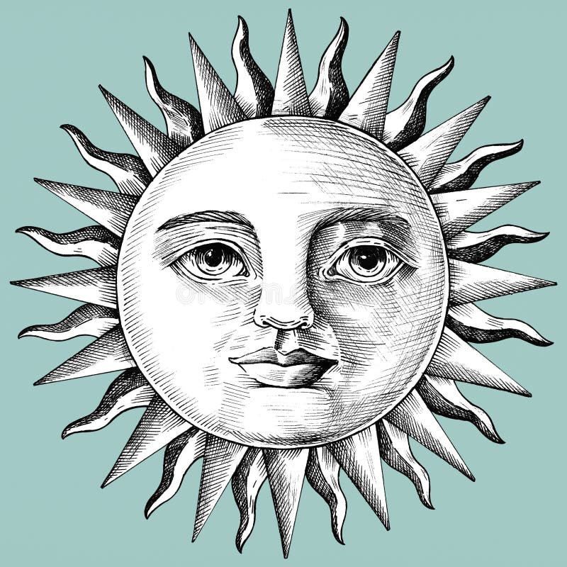 Hand drawn sun with face stock illustration. Illustration of retro ...