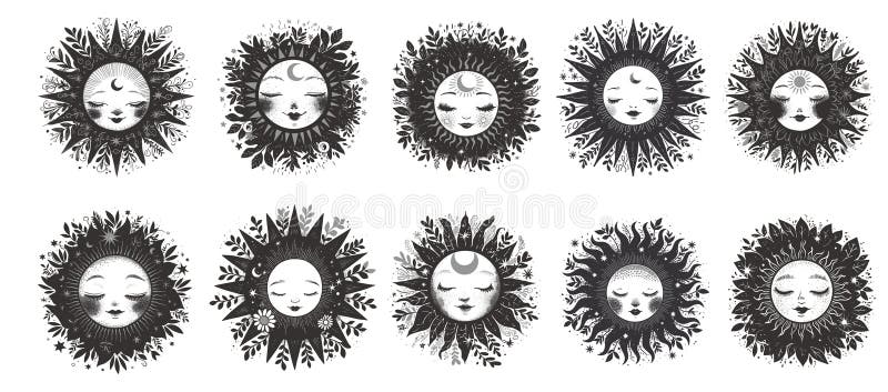 Hand Drawn Sun with Face Set. Engraving Mystical Esoteric Celestial ...
