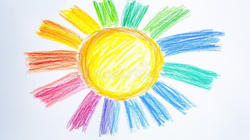 Hand-drawn Sun with Vibrant Rainbow Rays Created by Children Using ...