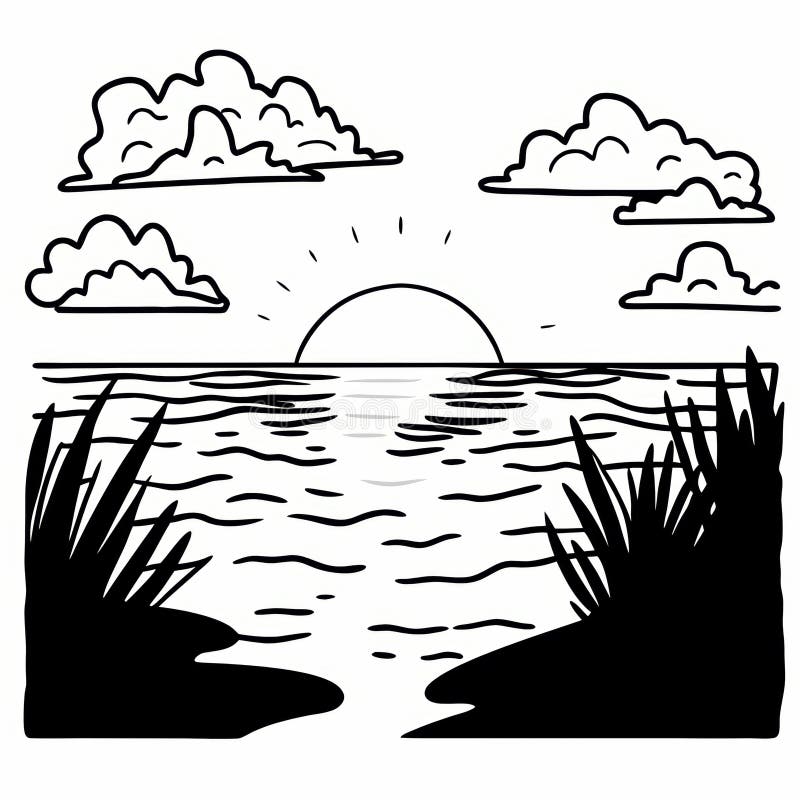 Hand-drawn Sunset Over Ocean with Clouds and Waves in Black and White ...