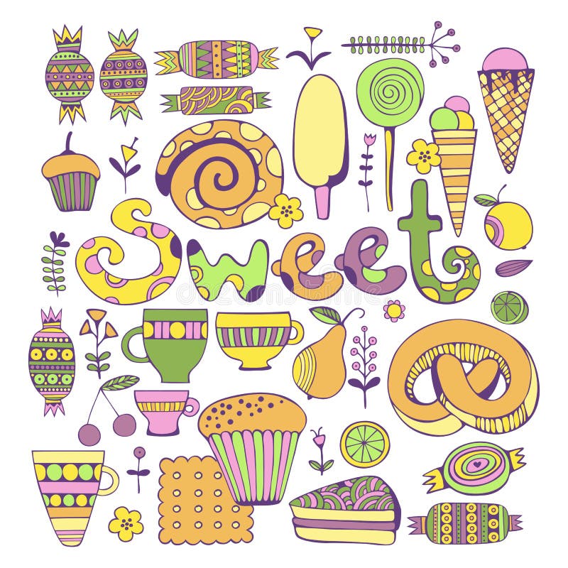 Hand Drawn Sweets And Candies Set. Colorful Vector Illustration. Stock ...