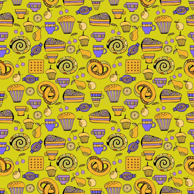 Hand Drawn Sweets and Candies Set. Colorful Vector Seamless Pattern ...