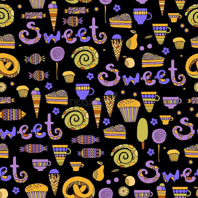 Hand Drawn Sweets and Candies Set. Colorful Vector Seamless Pattern ...