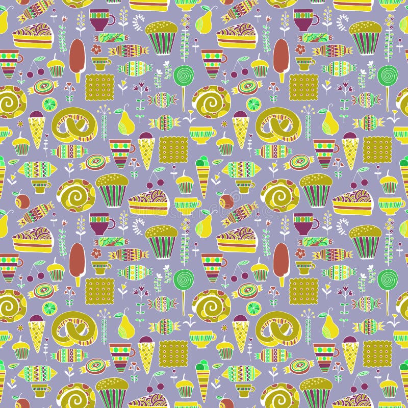Hand Drawn Sweets and Candies Set. Colorful Vector Seamless Pattern ...