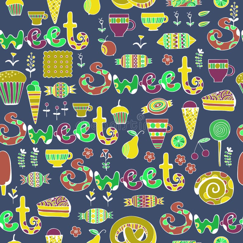Hand Drawn Sweets and Candies Set. Colorful Vector Seamless Pattern ...