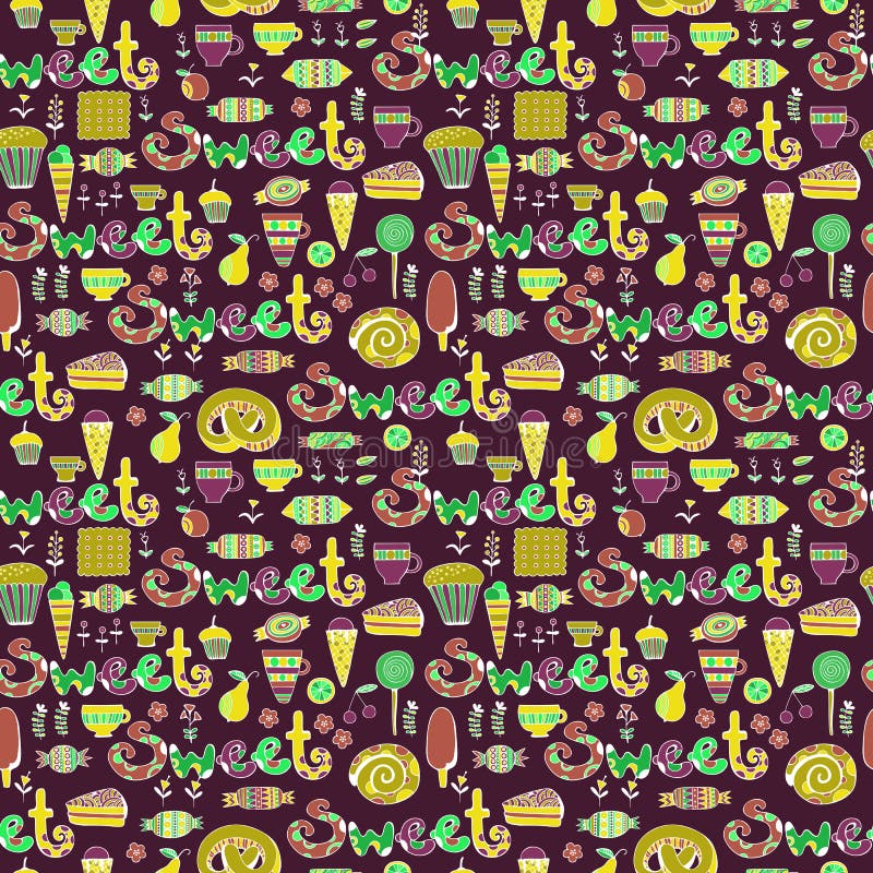 Hand Drawn Sweets and Candies Set. Colorful Vector Seamless Pattern ...