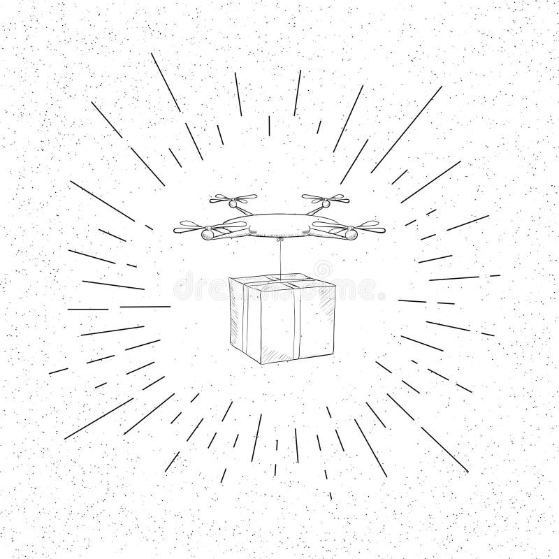 Hand Drawn Symbol of Quadrocopter Drone Delivery with Package Doodle ...
