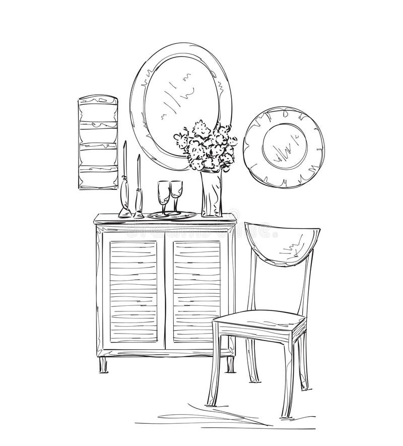 Hand Drawn Table, Chair and Mirror Sketch Stock Vector - Illustration ...