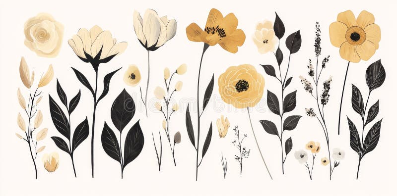 Hand-drawn Tan and Black Floral Illustrations, Clipart, Floral Graphics ...