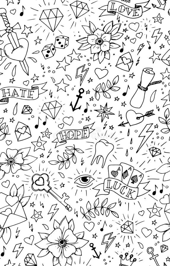 Hand Drawn Tattoo Seamless Pattern Stock Illustration - Illustration of ...