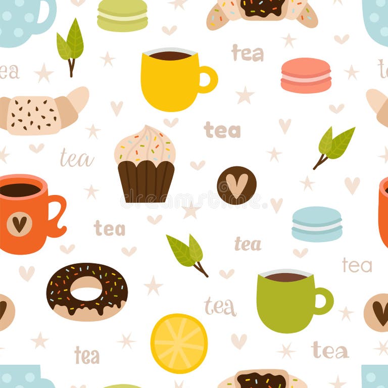 Hand Drawn Tea Seamless Pattern. Set of Tea Party Symbols, Objects and ...