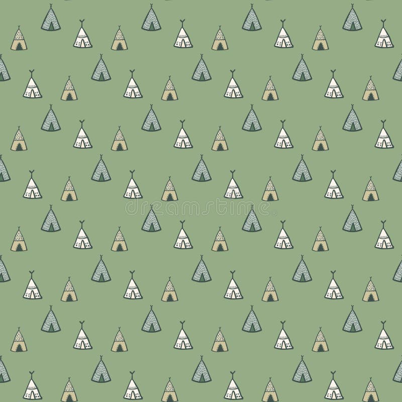 Hand Drawn Teepee Seamless Pattern on Green Background. Tribal ...