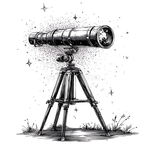 Hand-drawn Telescope on Tripod, Stars, Grass Ink Sketch Stock ...