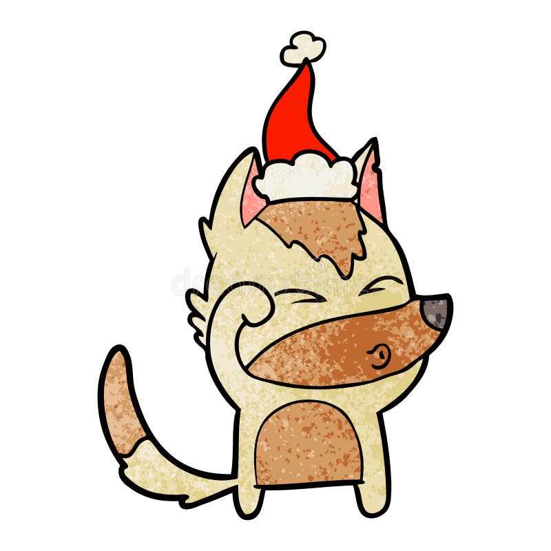 Hand Drawn Textured Cartoon of a Wolf Pouting Wearing Santa Hat Stock ...