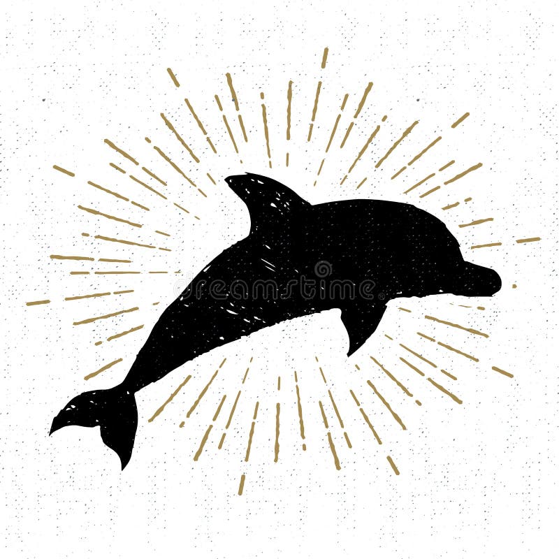 Hand Drawn Textured Vintage Icon with Dolphin Vector Illustration Stock ...