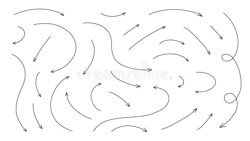 Hand Drawn Thin Line Arrows Set. Vector Curvy and Wavy Arrows Isolated ...