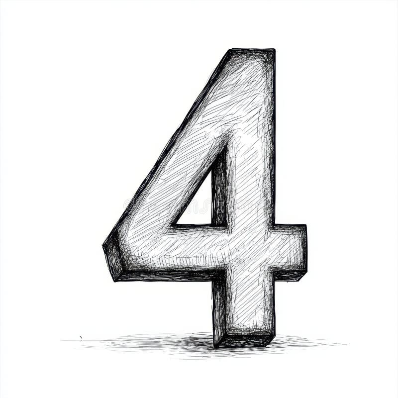 A Hand-drawn, Three-dimensional Representation of the Number Four Stock ...