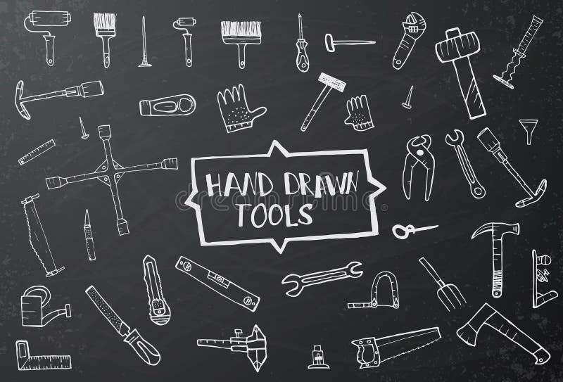 Hand Drawn Tool Icons Set on Black Chalk Board Stock Vector ...