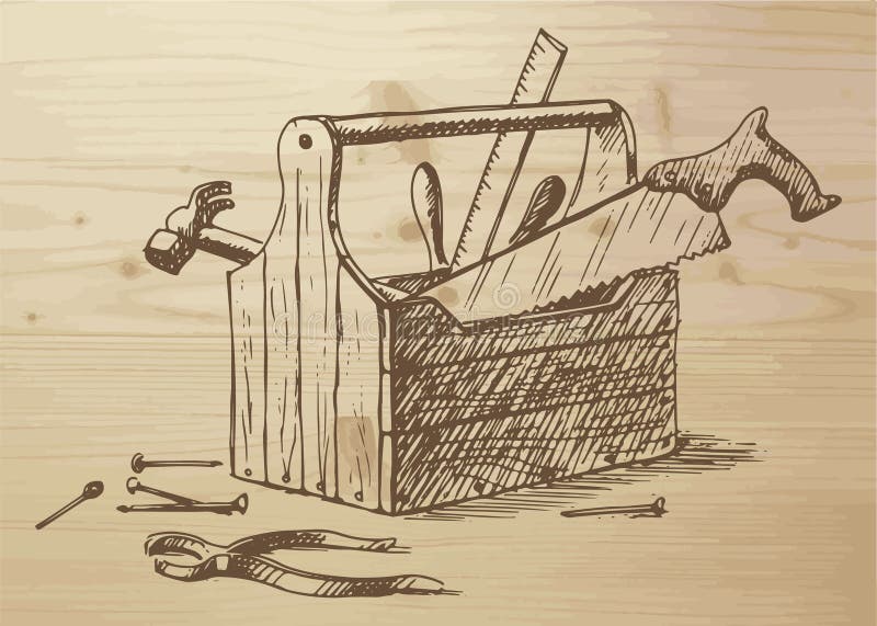 Vector Hand Drawn Woodwork Equipment in Wooden Toolbox Isolated ...
