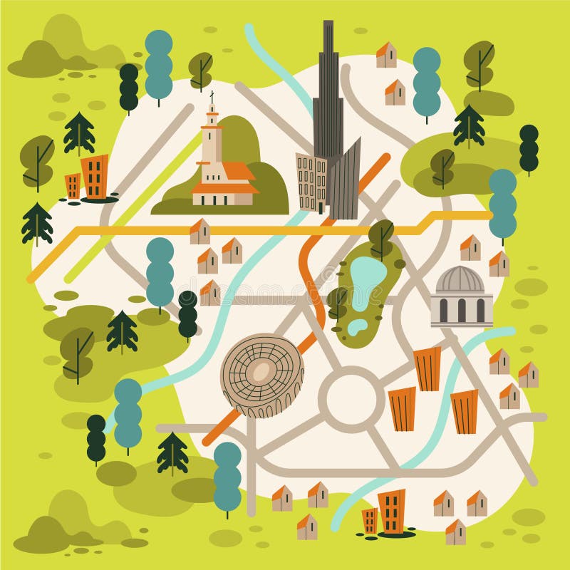 Hand Drawn Town Map Vector Illustration. Stock Vector - Illustration of ...