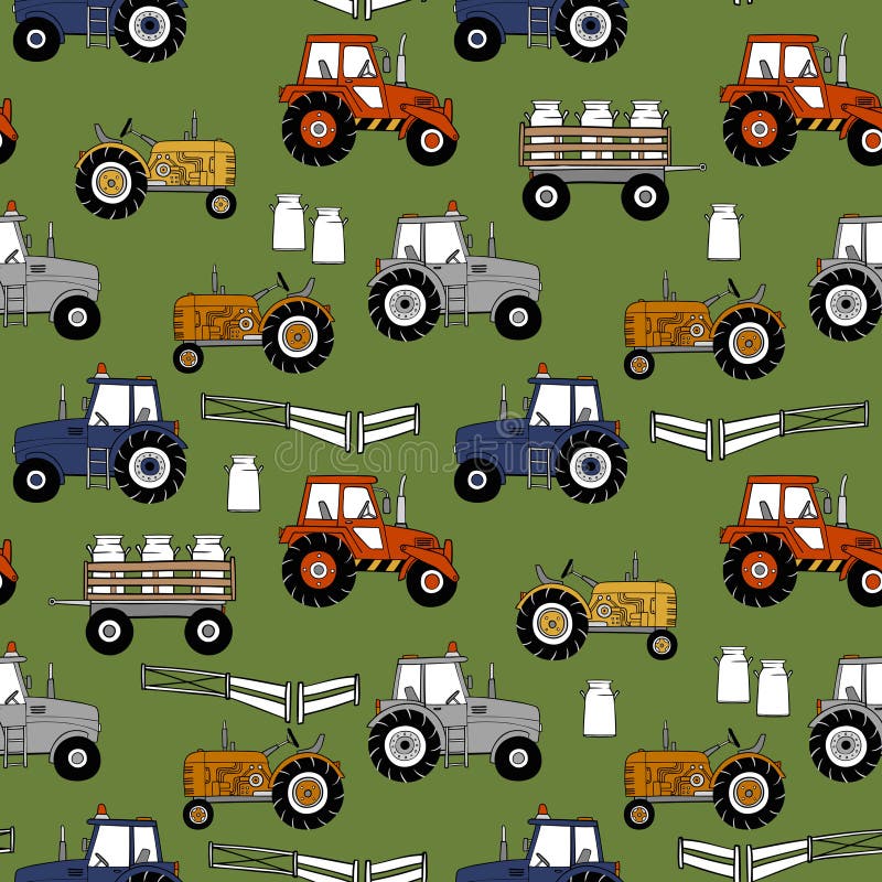 Cute Tractor Pattern on Green Background. Stock Vector - Illustration ...