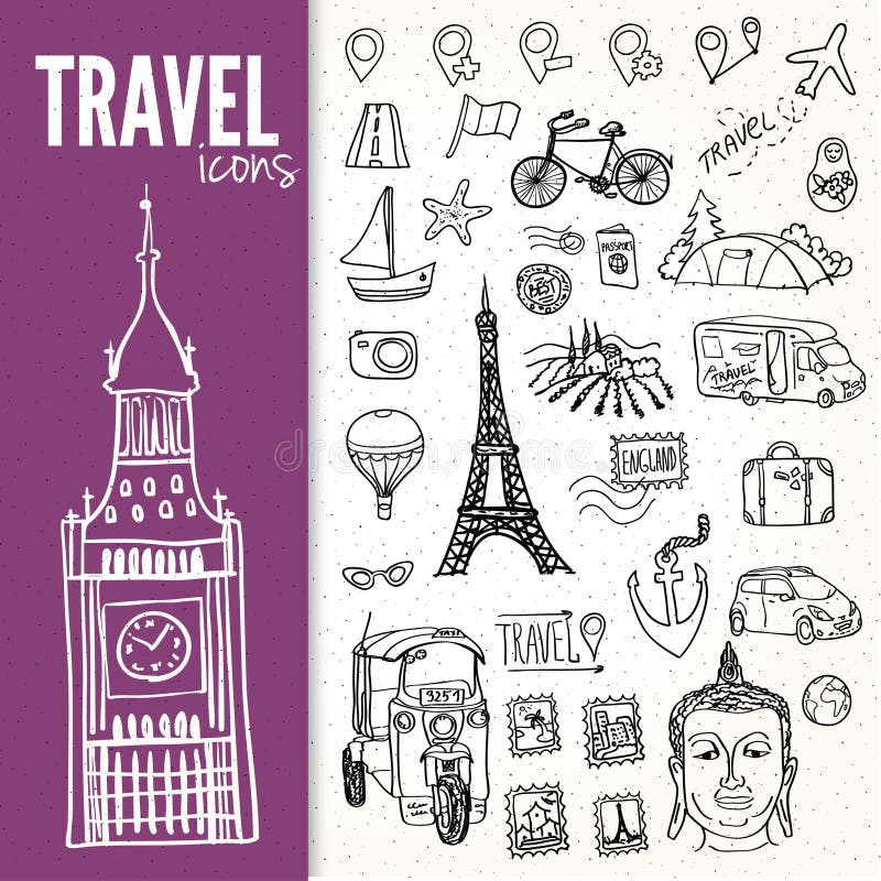 Hand-drawn Travel Symbols Set Stock Vector - Illustration of kiss ...