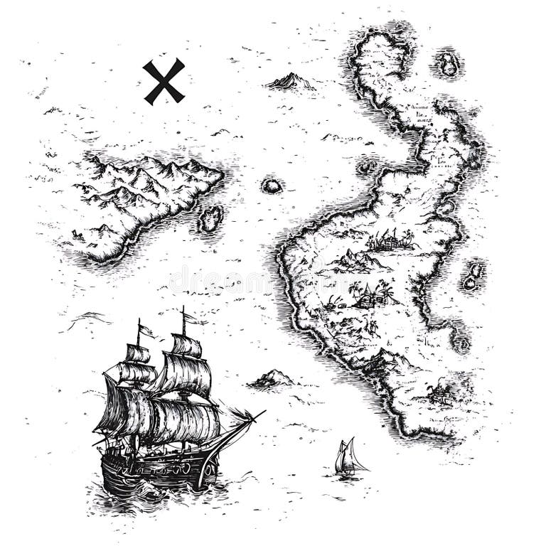 Hand-drawn Treasure Map with Sailing Ship and Islands Ink Sketch Stock ...