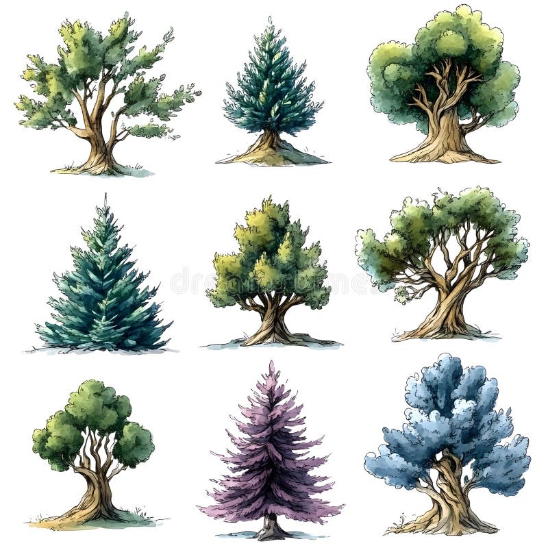 Hand-Drawn Tree Collection: Diverse Styles and Colors Stock ...