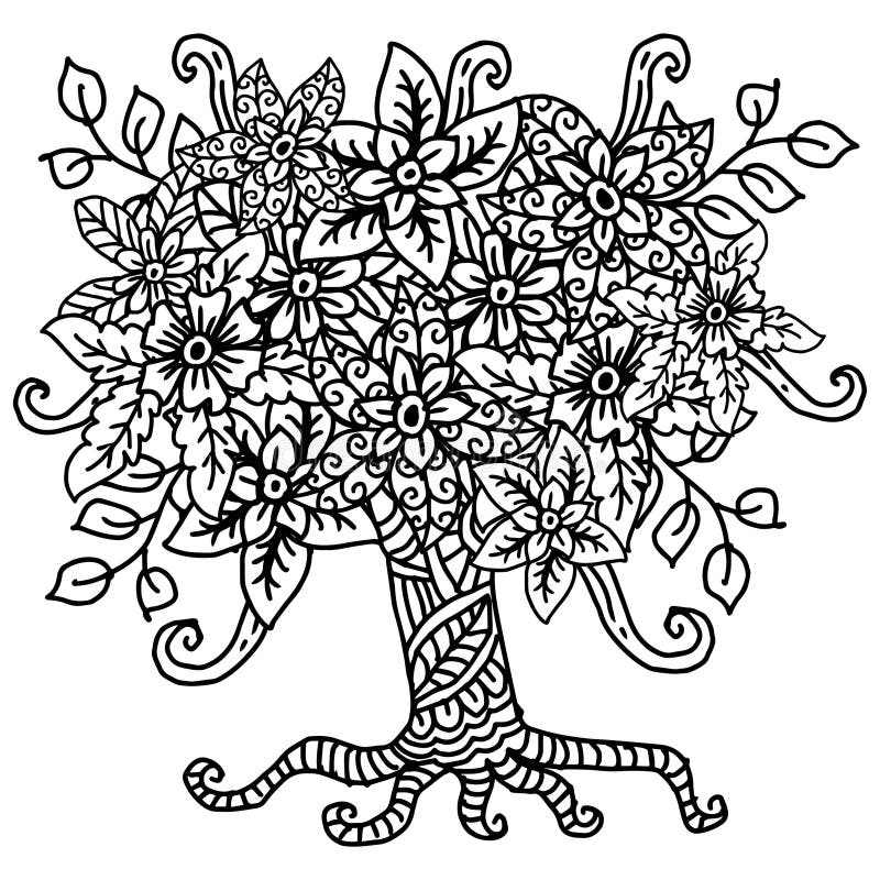 Hand Drawn Tree with Flowers and Leaves. Stock Vector - Illustration of ...