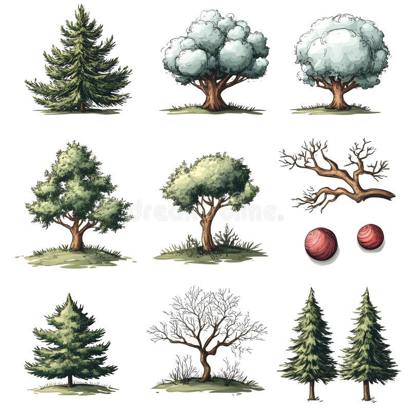 Hand-Drawn Tree Illustrations Set - Diverse Styles Stock Illustration ...