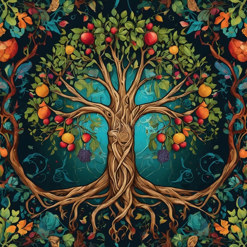 Hand-Drawn Tree of Life with Roots, Branches, and Boho Colors Stock ...
