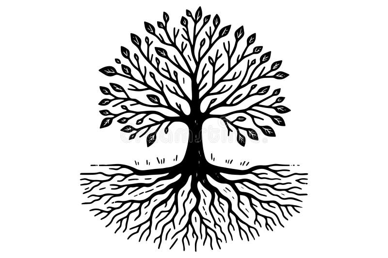 Simple Hand Drawn Tree with Roots Flat Vector Illustration Linocut ...