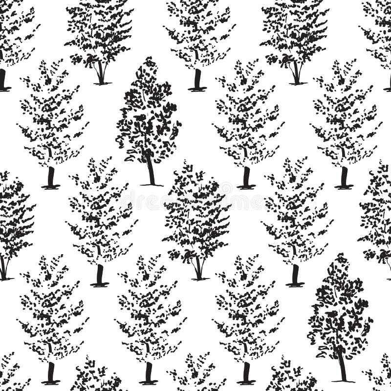 Hand Drawn Tree Sketches, Seamless Pattern Stock Vector - Illustration ...