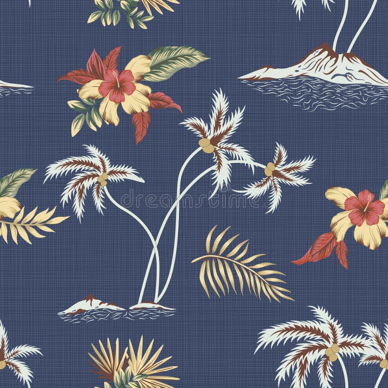 Hand Drawn Tropical Island,palm Tree,flower and Leaves Seamless Pattern ...