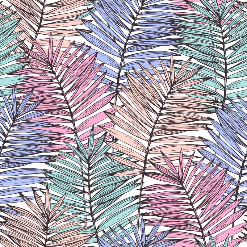 Hand Drawn Tropical Leaves Background In Pastel Colors Colorful Palm