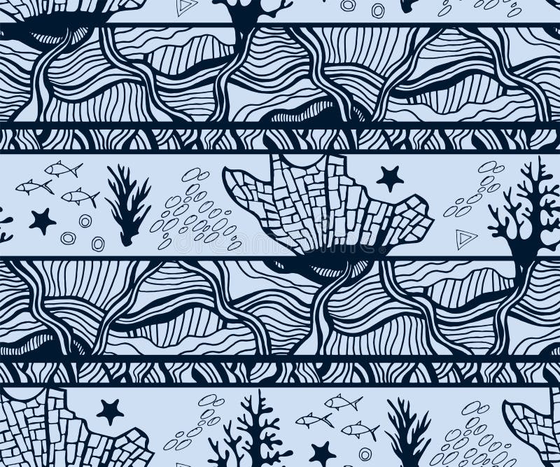 Hand Drawn Underwater Natural Ocean Elements. Seamless Pattern with ...